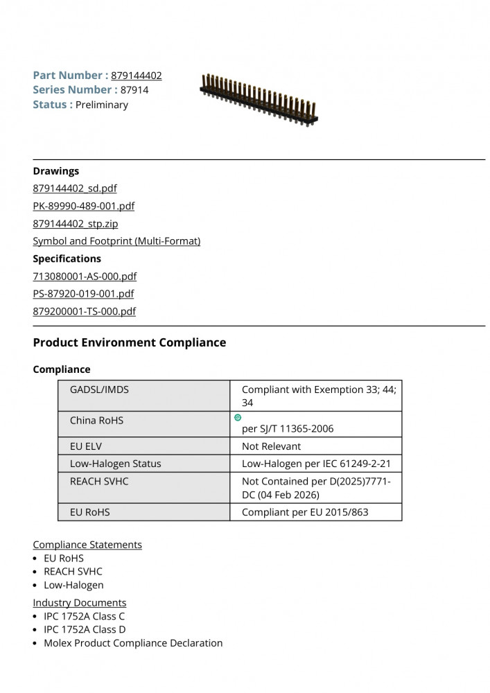 MOLEX 879144402 technical document preview, page 1