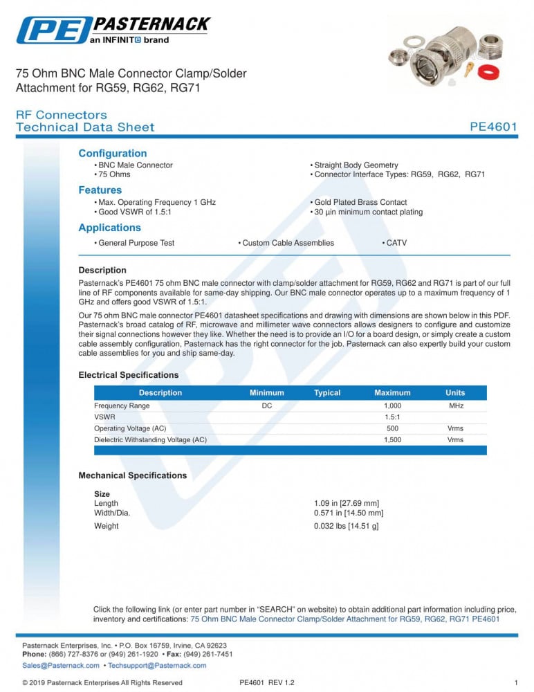 Pasternack PE4601 technical document page 1