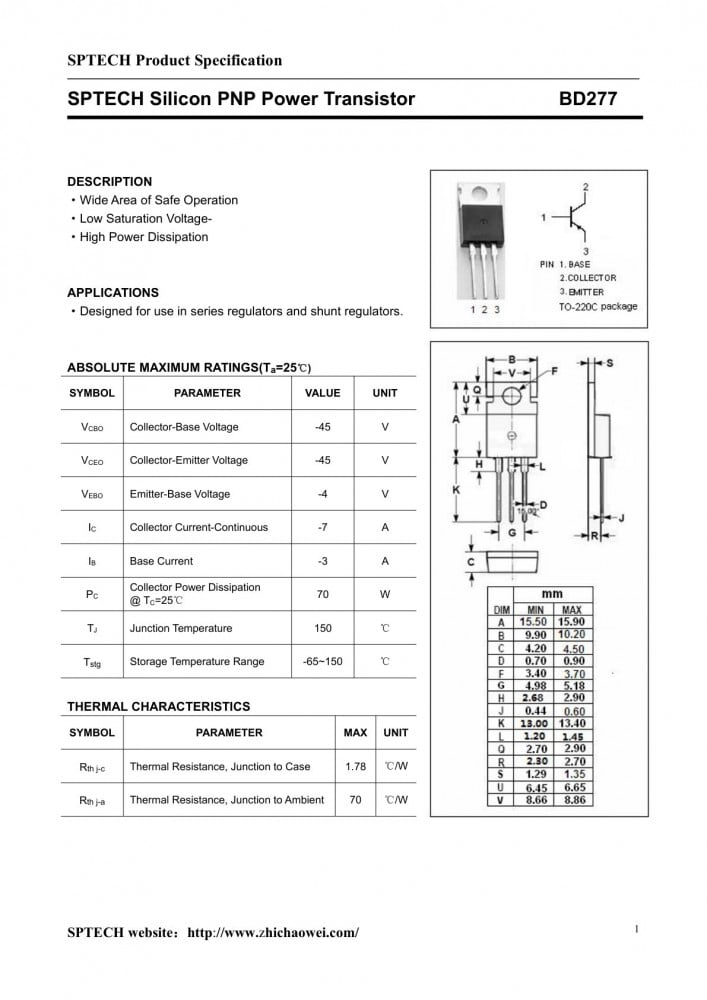 SPTECH BD277 datasheet page 1