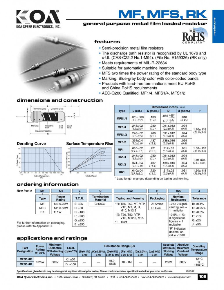 KOA MFS series datasheet page 1