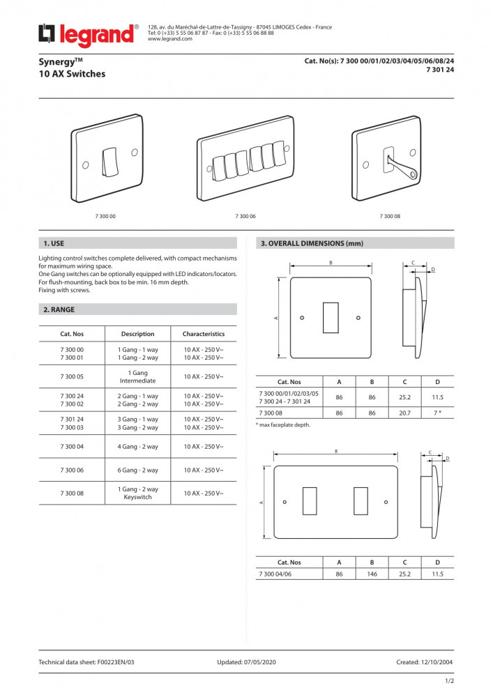 Technical document page 1 for Legrand Synergy 10 AX switches