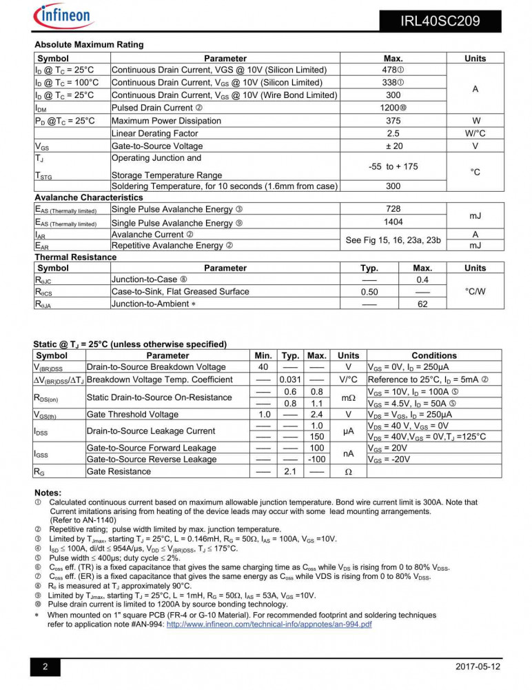 IRL40SC209 datasheet page 2