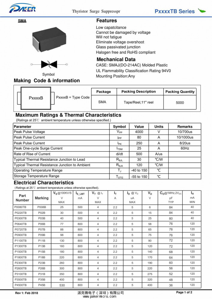 PAKER P0080TB technical document page 1