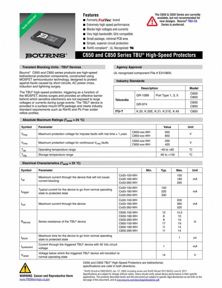 BOURNS C650 and C850 TBU datasheet page 1
