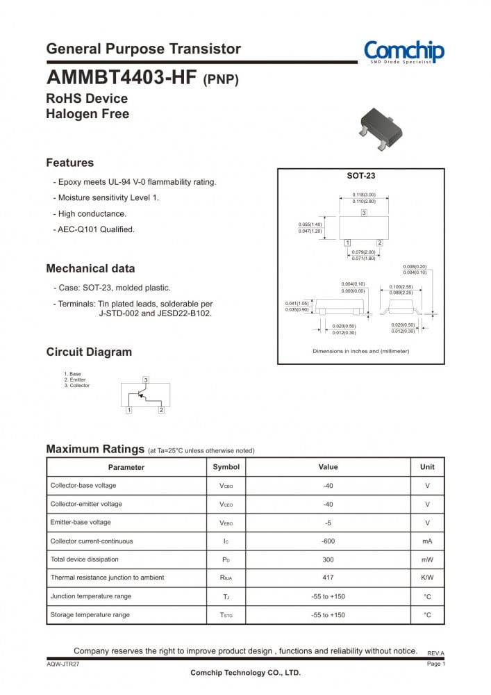 AMMBT4403-HF datasheet page 1
