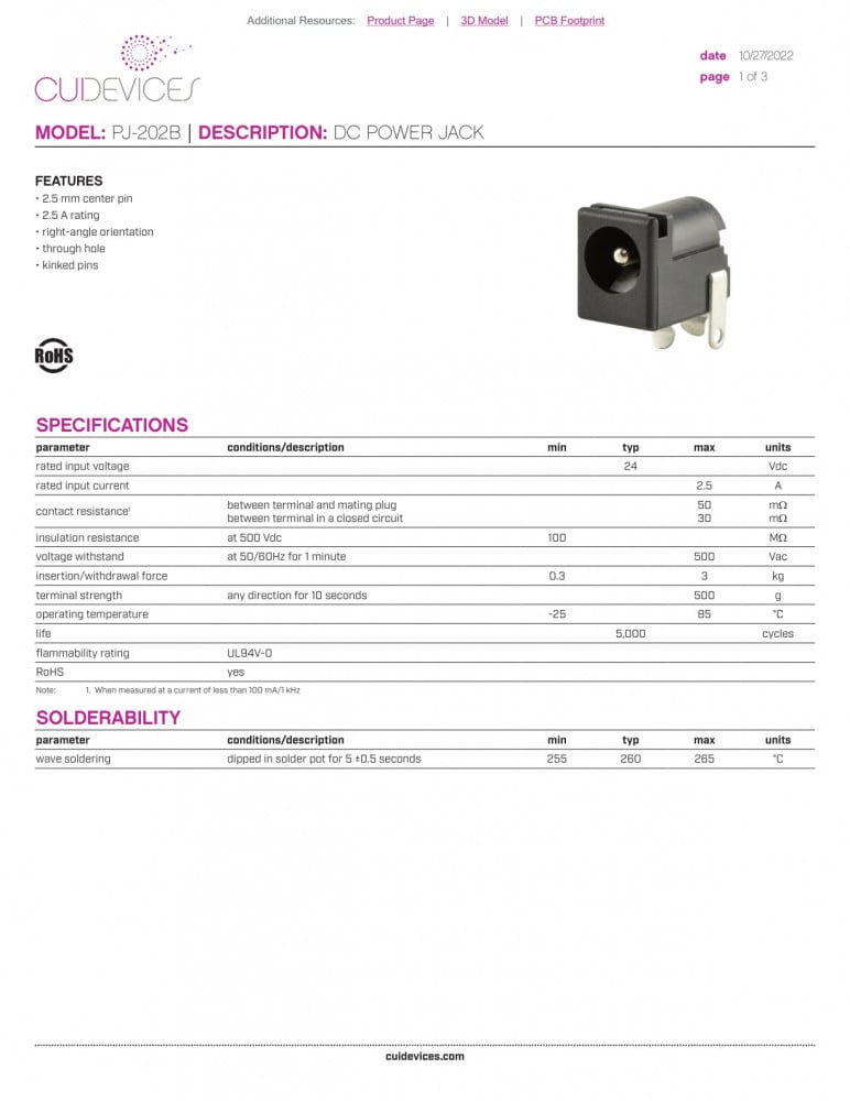 CUI PJ-202B datasheet page 1