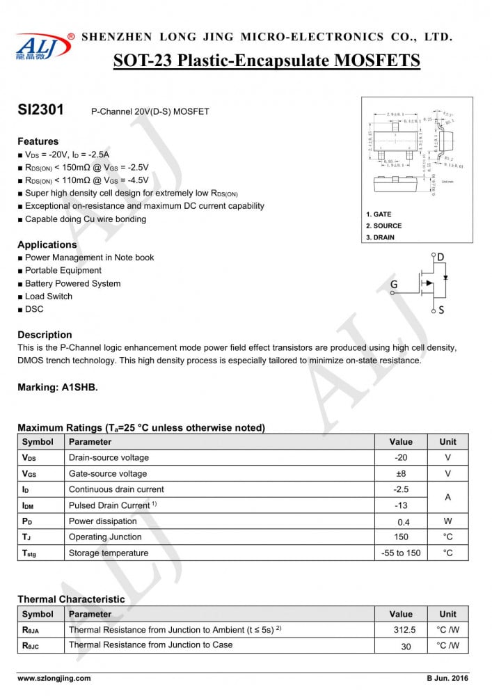 SI2301 datasheet page 1