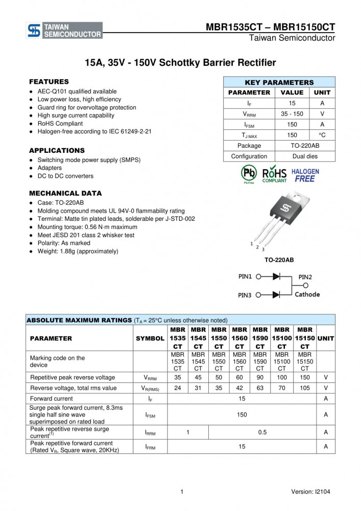 MBR1535CT datasheet page 1