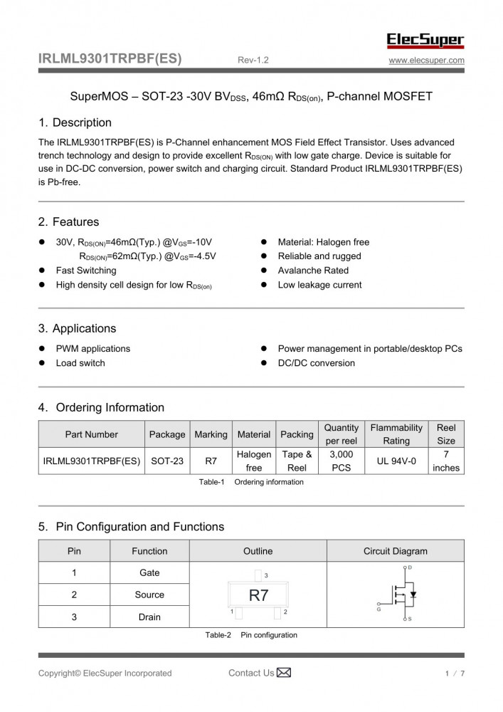 IRLML9301TRPBF(ES) datasheet page 1