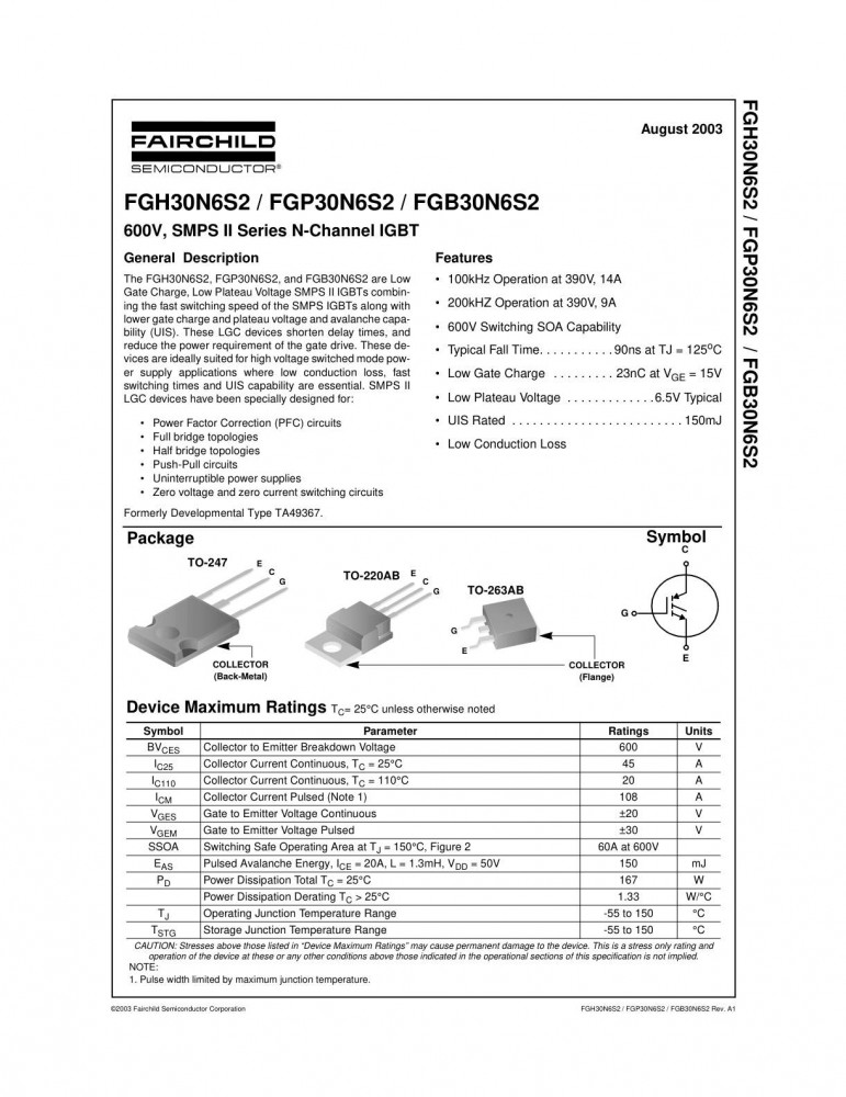 FGB30N6S2T datasheet page 1