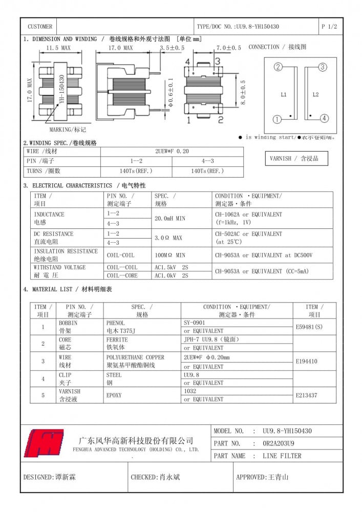 UU9.8-20mH line filter approval specification page 2