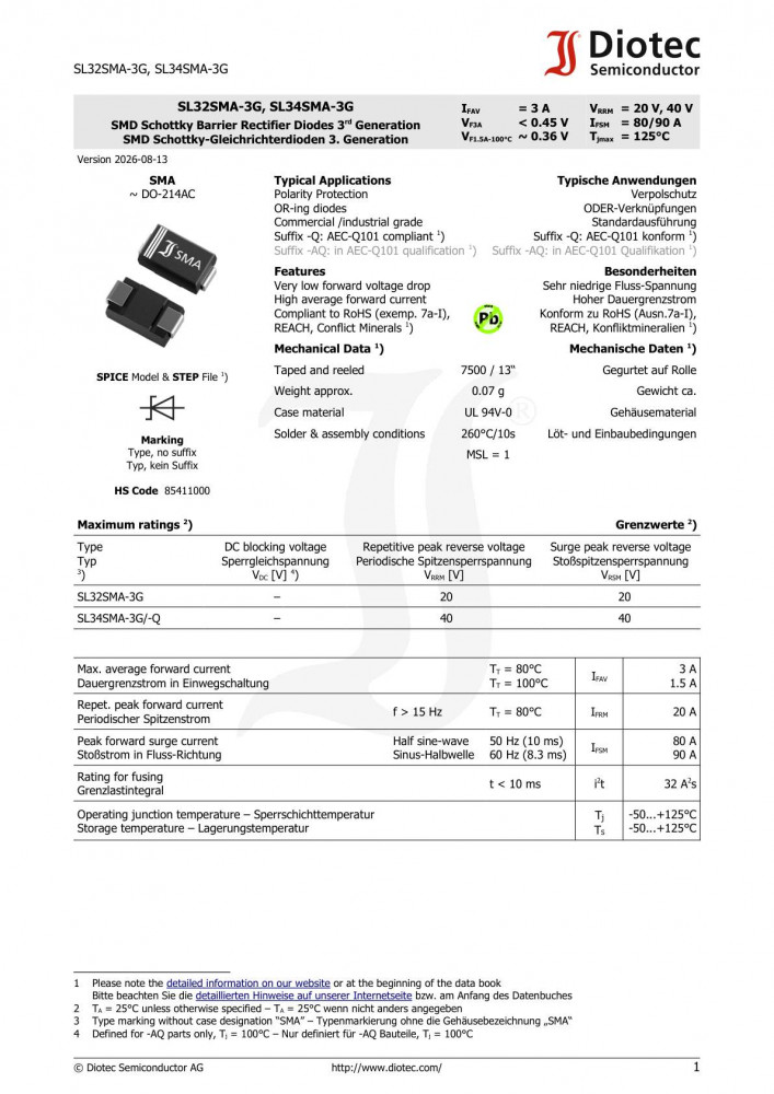 DIOTEC SL34SMA-3G datasheet page 1