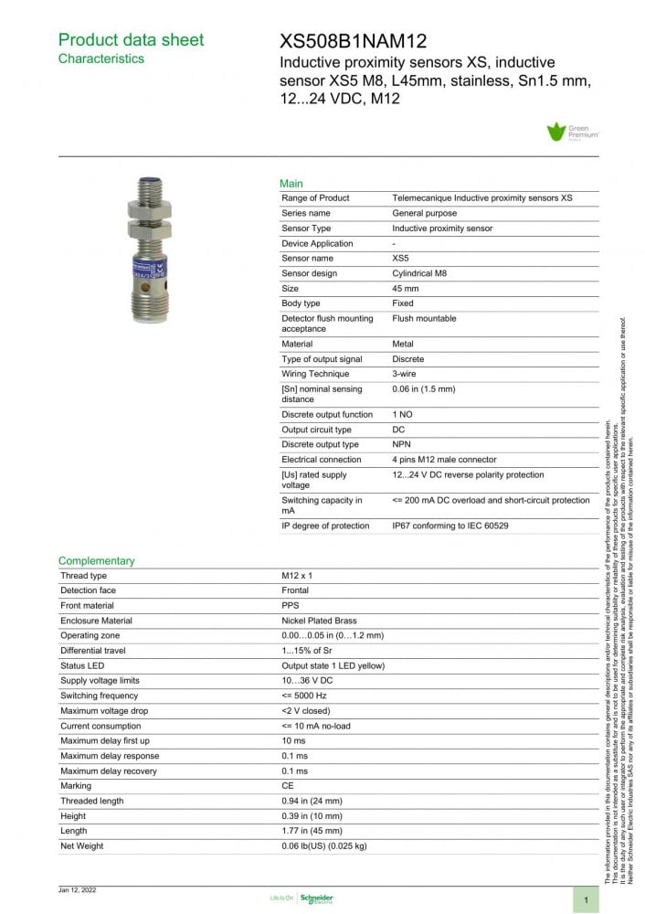 XS508B1NAM12 technical document page 1