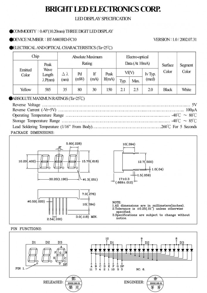 BT-M403RD-FC10 specification sheet page 1