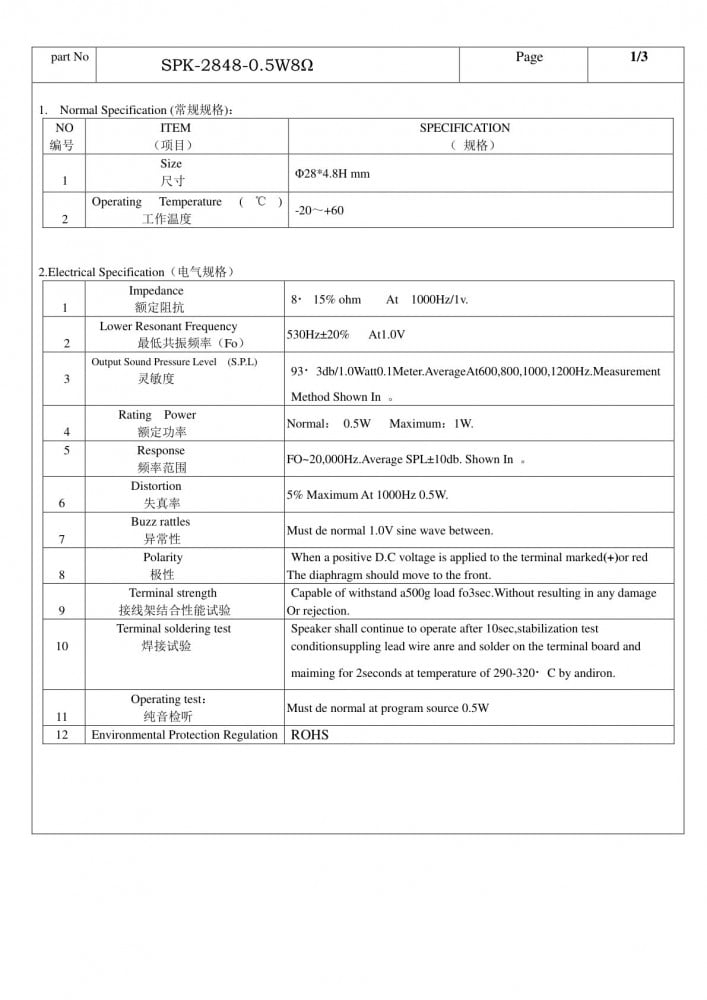 SPK-2848-0.5W8Ω specification page 2