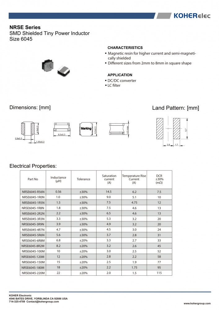 KOHERelec NRSE6045 series datasheet page 1
