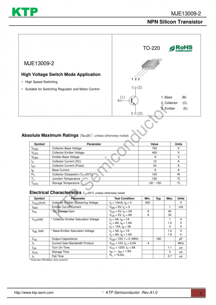 MJE13009-2 datasheet page 1