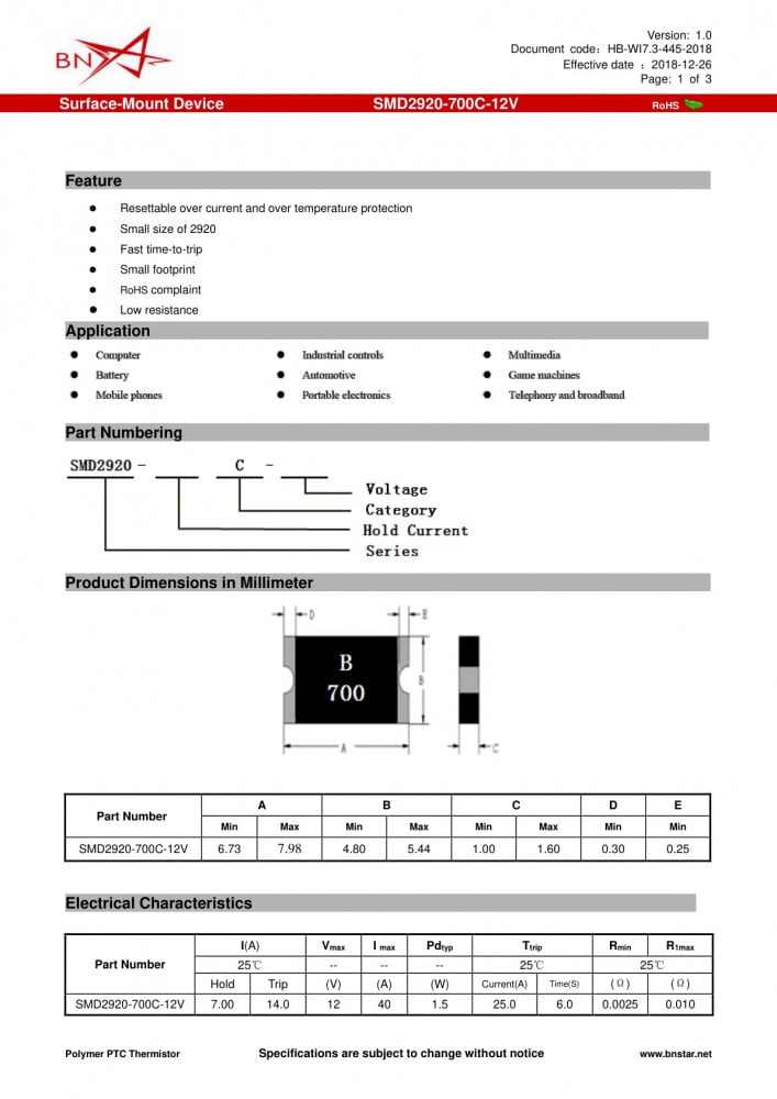 BNstar SMD2920-700C-12V datasheet page 1