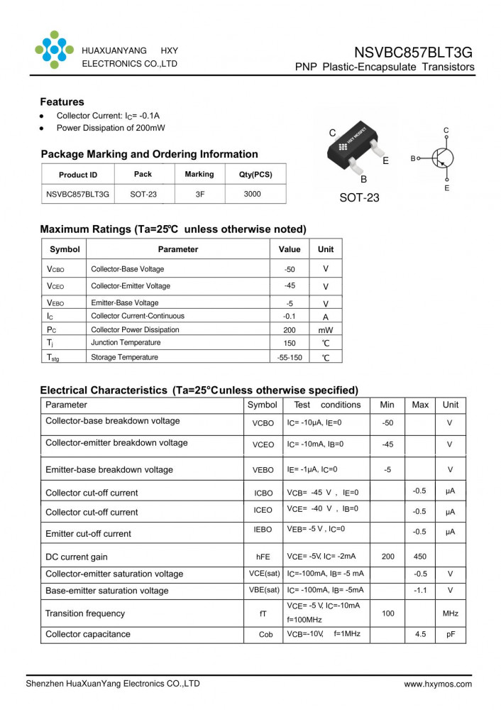 NSVBC857BLT3G-HXY datasheet page 1