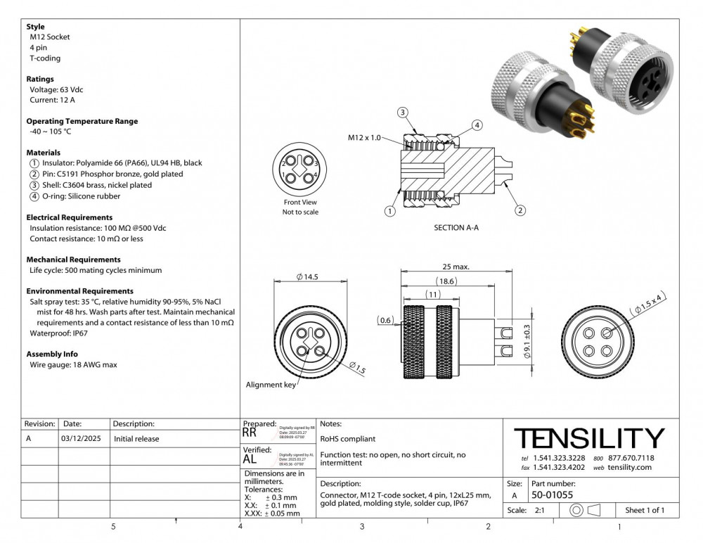 Technical drawing preview for Tensility International 50-01055 M12 T-coded 4-pin socket connector