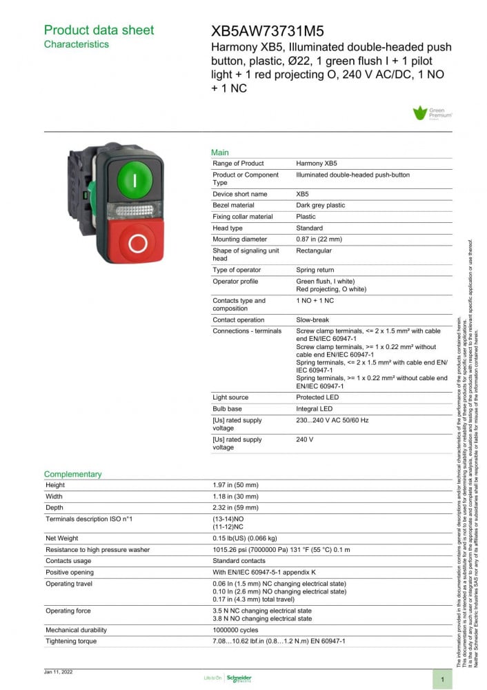 XB5AW73731M5 technical document page 1