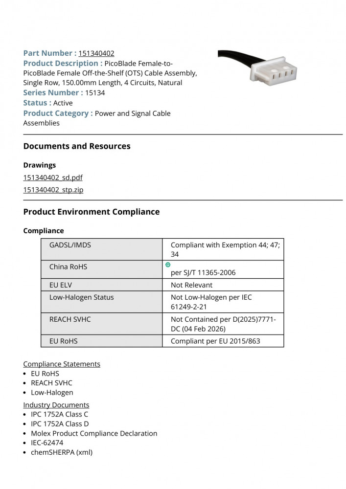 MOLEX 151340402 technical document, page 1