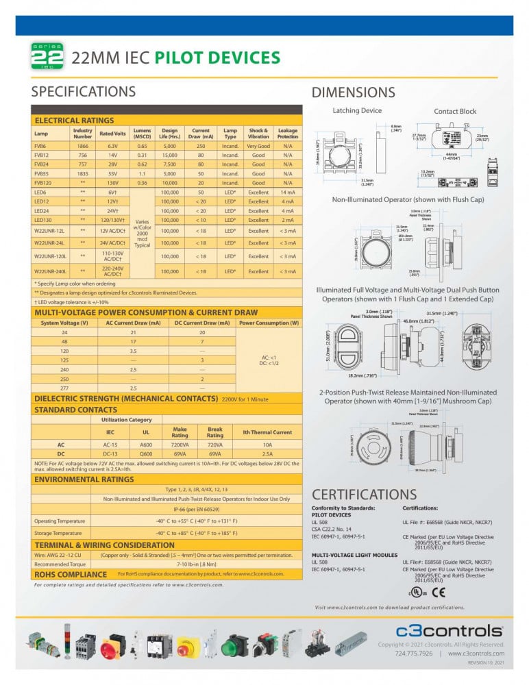c3controls Series 22 pilot devices specifications page