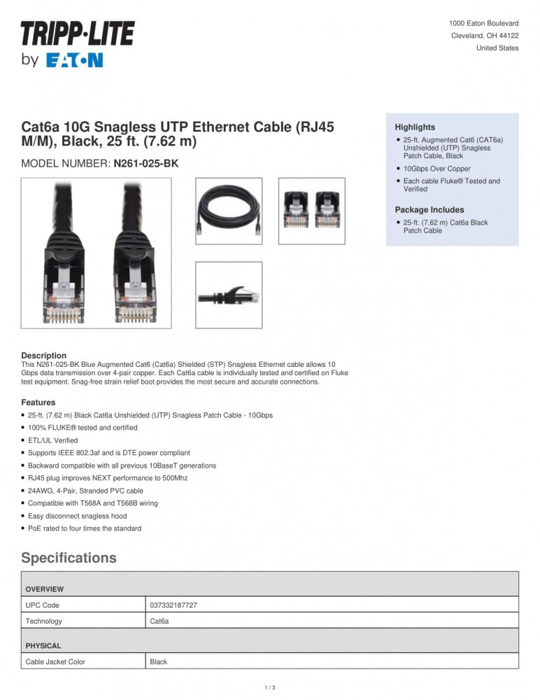 EATON N261-025-BK technical document page 1