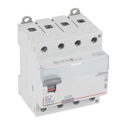RCD DX³-ID - 4P 400V~ neutral right-hand side - 63A RCCB - 500mA AC sensitivity - DIN rail IP20 screwed terminal busbar compatible for sale