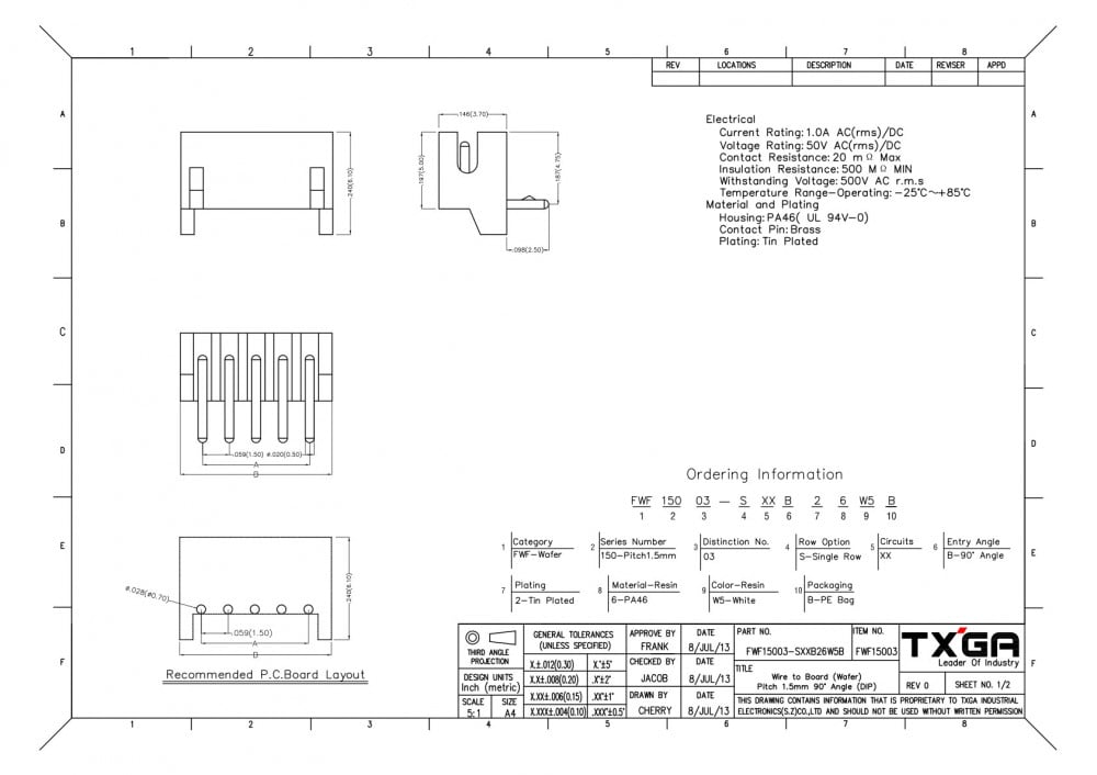 TXGA FWF15003-S10B26W5B technical document page 1