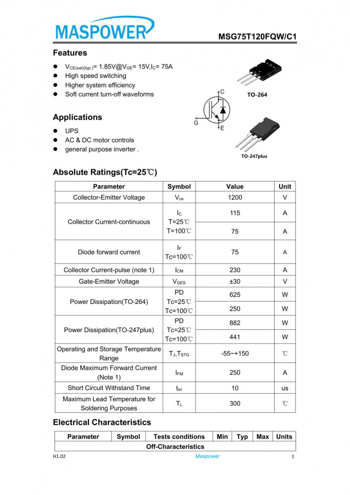 MSG75T120FQW datasheet page 1