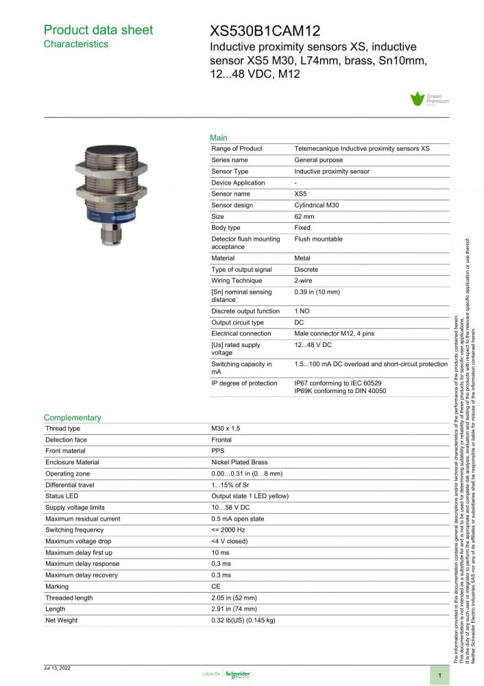 XS530B1CAM12 technical document page 1