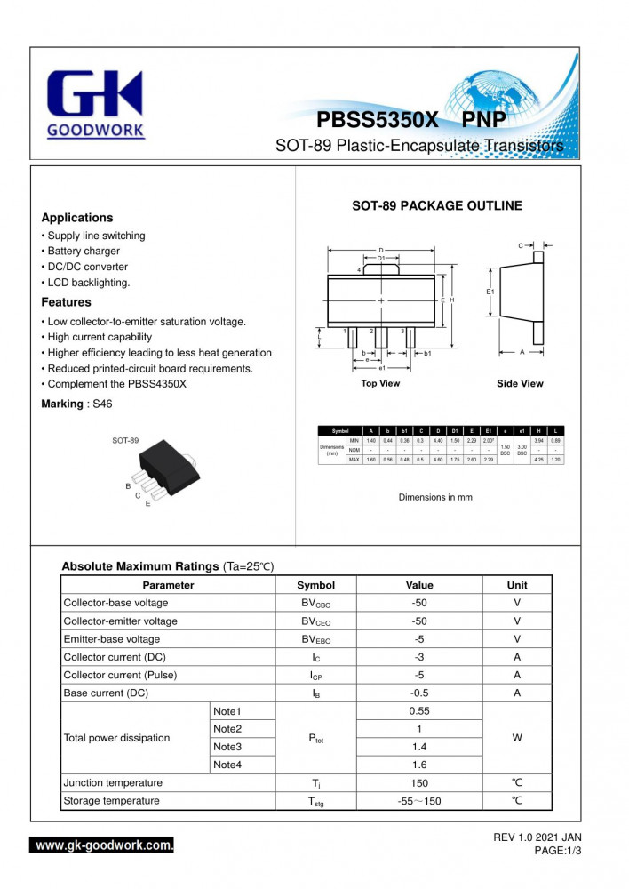 PBSS5350X-GK technical document page 1