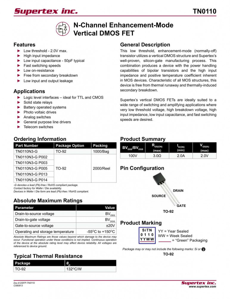 TN0110N3-G datasheet page 1