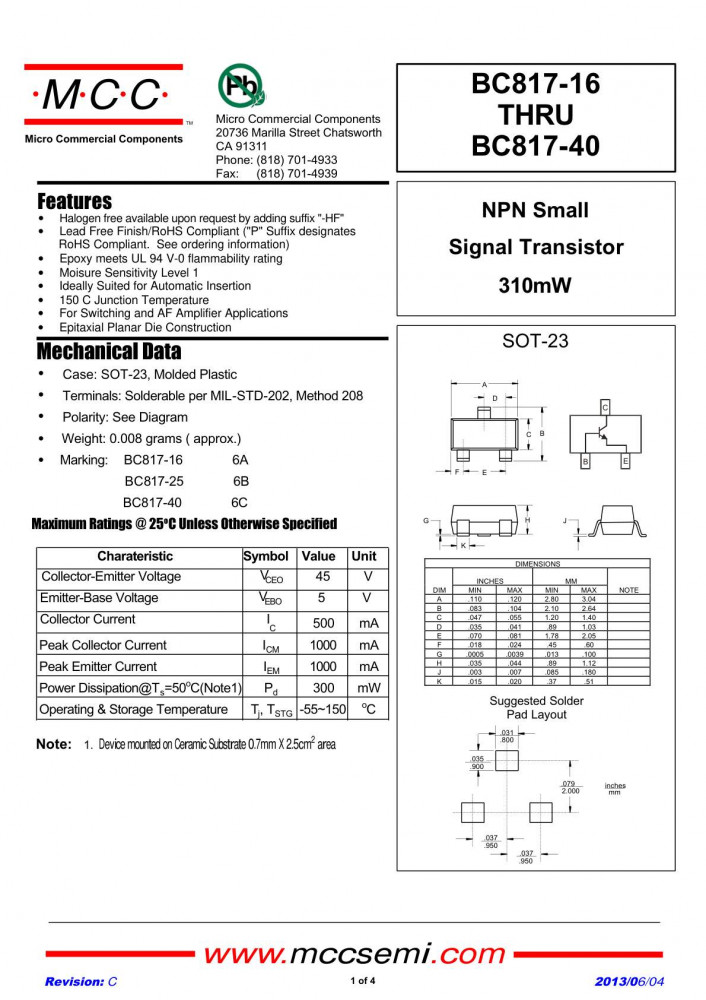 MCC BC817-25-TP datasheet page 1