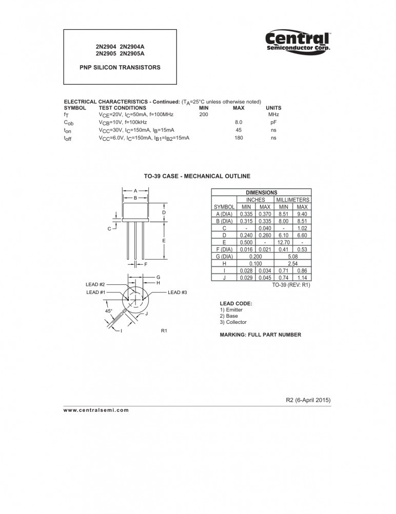 Central 2N2905A datasheet page 2