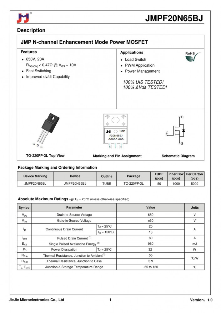 Supplied MOSFET datasheet page 1