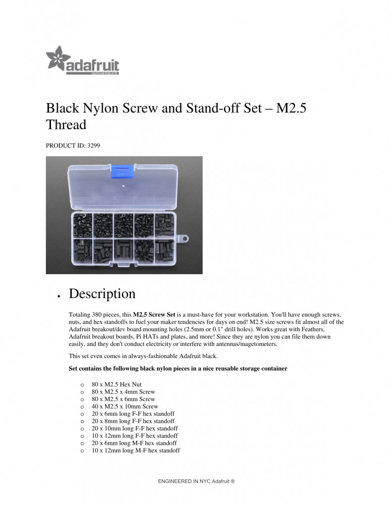 Product 3299 M2.5 black nylon screw and standoff set documentation image