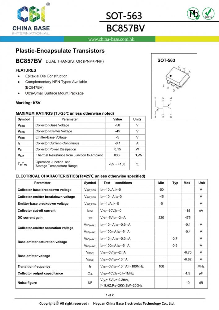 CBI BC857BV datasheet page 1