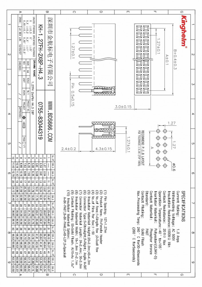 Kinghelm KH-1.27FH-2X8P-H4.3 technical drawing