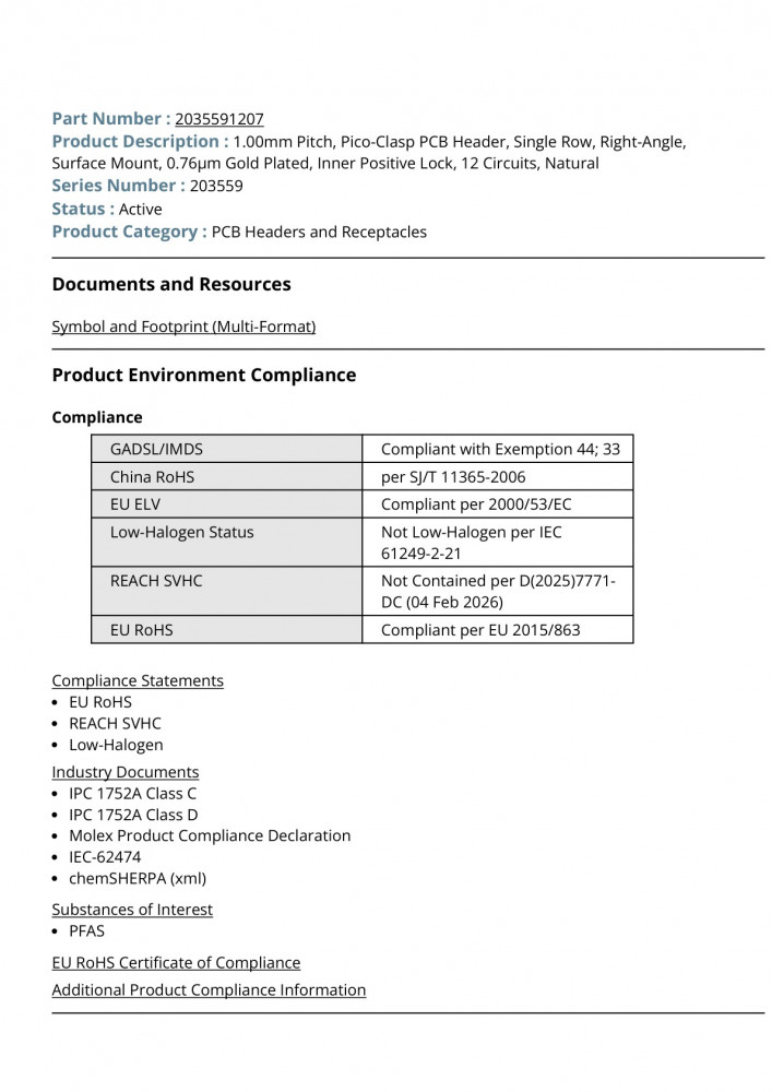 Technical document image 1 for MOLEX 2035591207
