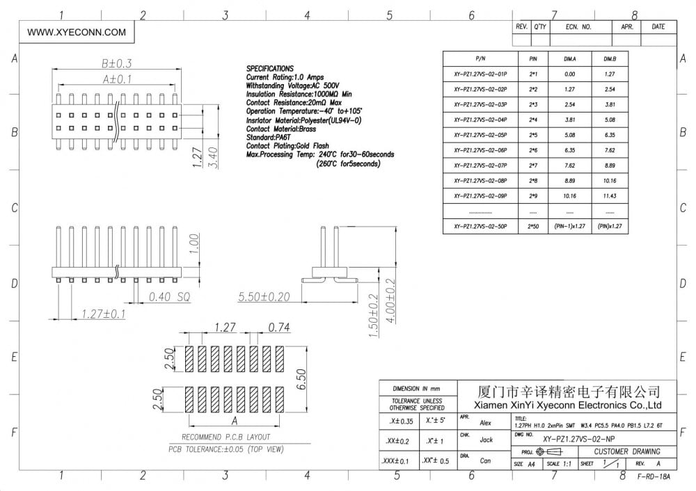 XY-PZ1.27VS-02-14P technical document page
