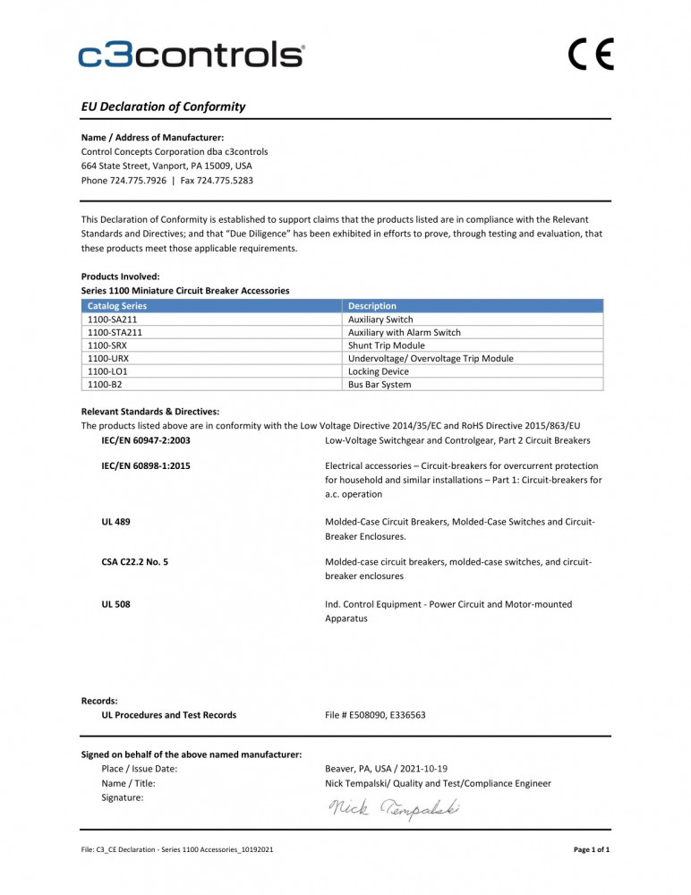 c3controls Series 1100 miniature circuit breaker accessories declaration page