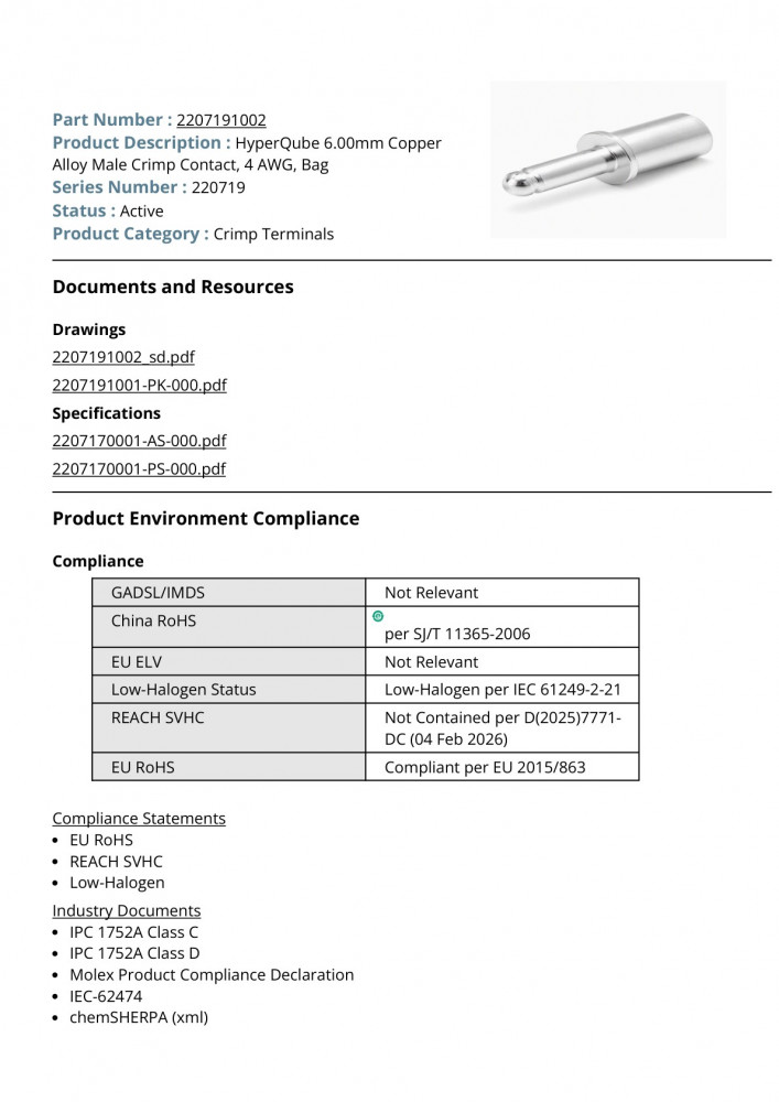MOLEX 2207191002 technical document page 1