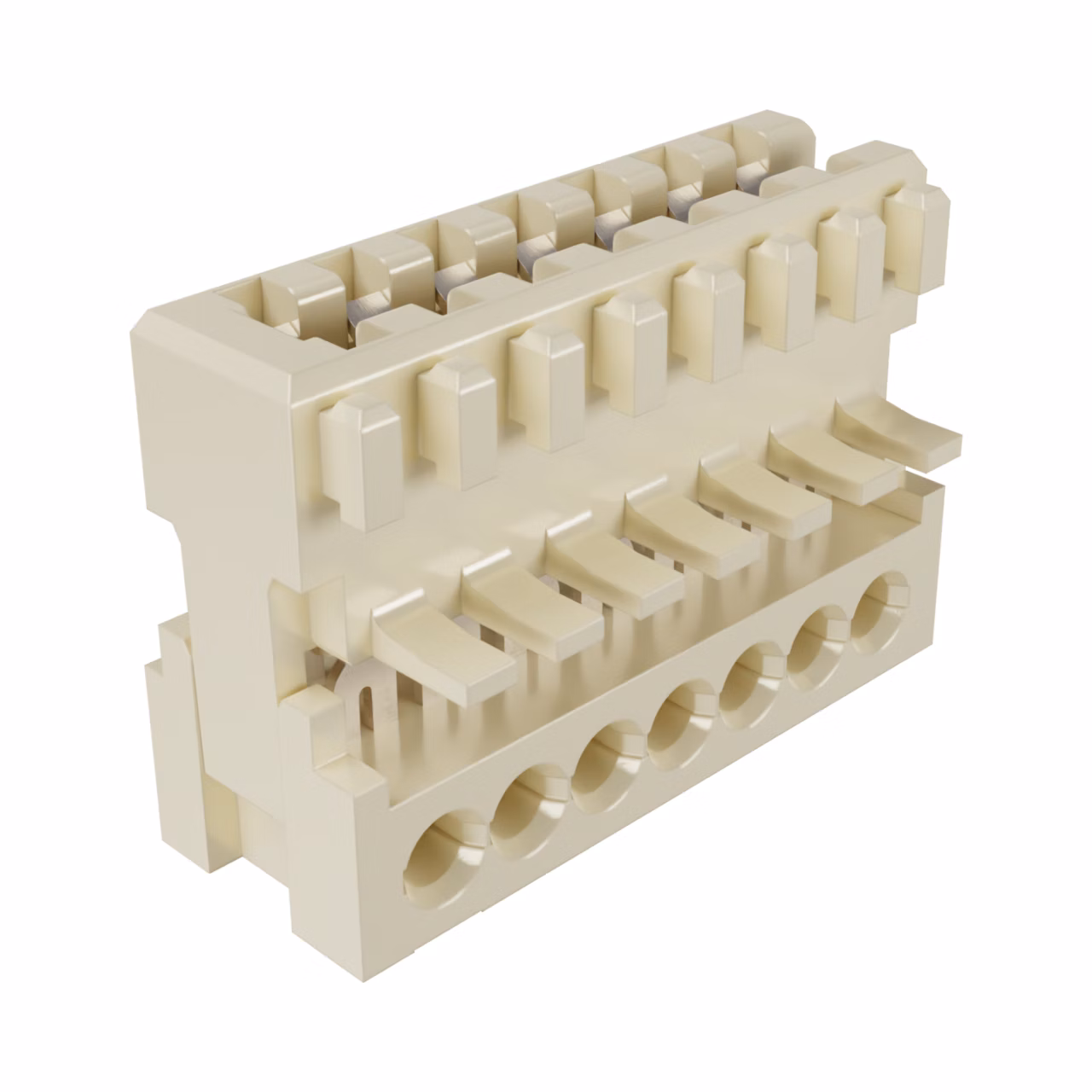 Appli-Mate RAST 2.5 Connector, 2.50mm Pitch, Female, 7 Circuits, Positions A and H Removed, Polarizing Rib Between 2/3, Locking Pips, Slotted Endwalls, Tin Plating