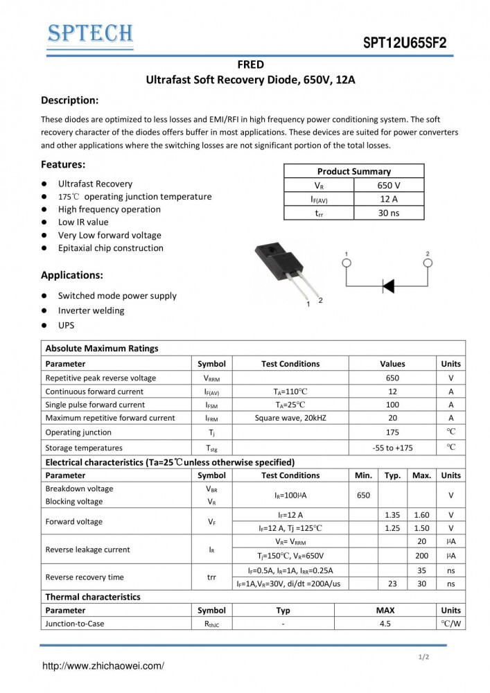 SPT12U65SF2 technical document page 1