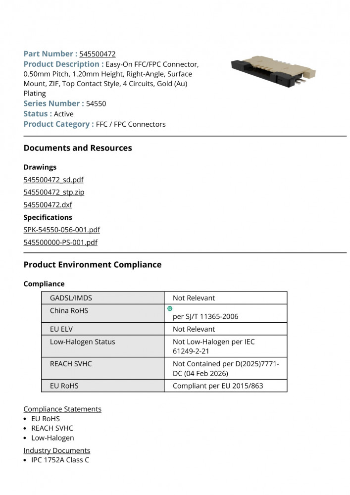 MOLEX 545500472 technical document preview, page 1