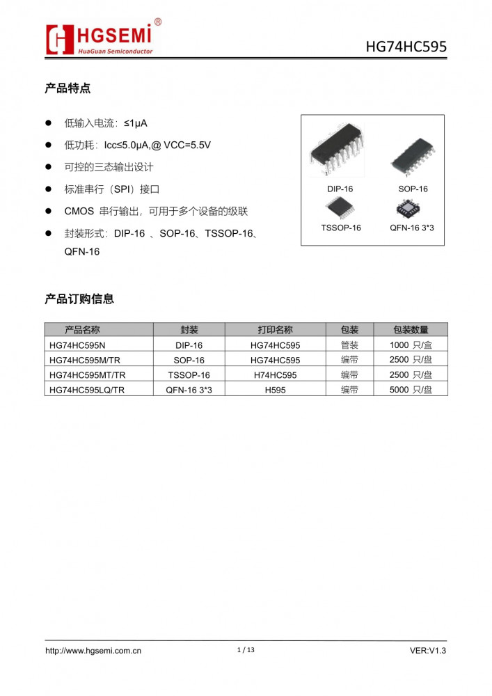 HG74HC595LQ/TR datasheet page 1