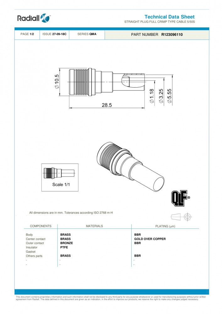 Radiall R123096110 QMA product drawing, page 1