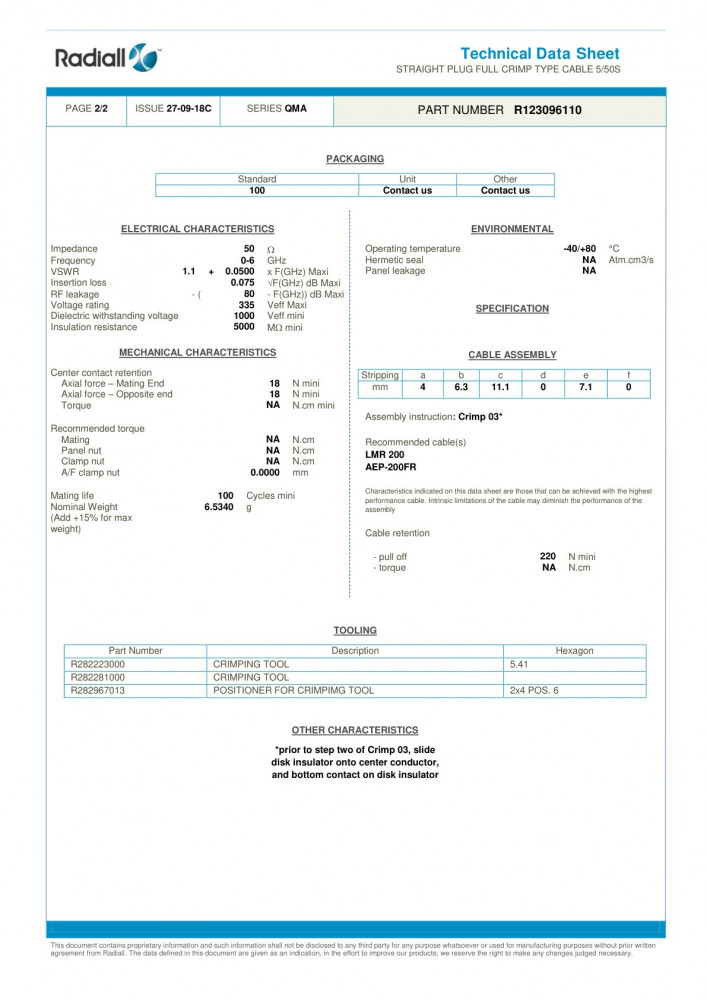 Radiall R123096110 QMA electrical and assembly specifications, page 2